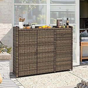 YITAHOME Outdoor Storage Cabinet, Weather-proof Rattan Bar Table with Two Doors, Adjustable Shelves & Foldable Drawer, Wicker Patio Storage Box for Outdoor Cushions, Pool Toys and Garden Tools - Brown