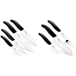 Kyocera's Revolution Ceramic Knife Sets: 7" Chef's Santoku, 5.5" Santoku, 4.5" Utility, 3" Paring, 6" Chef's, 5" Serrated and 3" Paring Knives