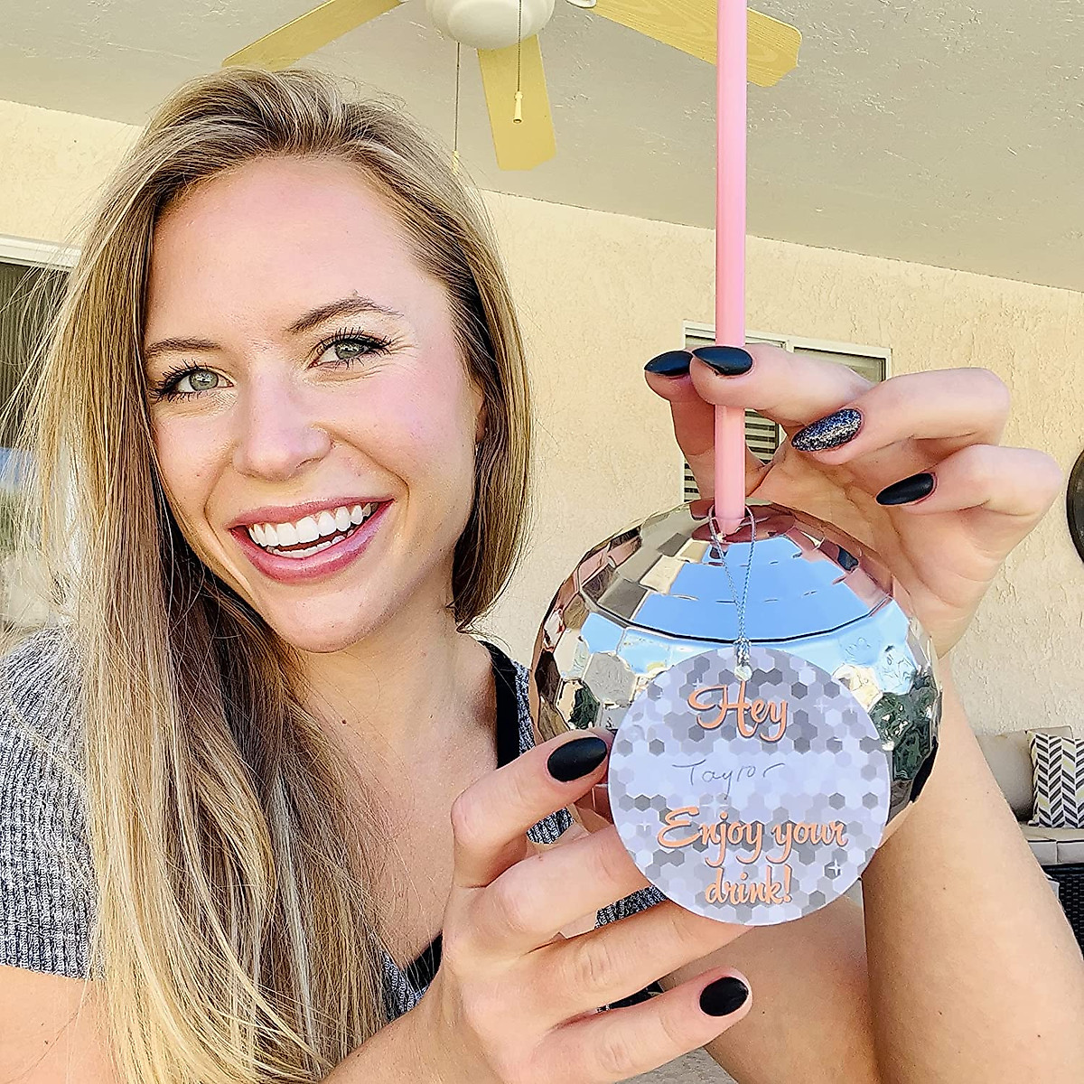 Bolaras Silver Disco Ball Cups (12 Pack) with Name Tags, Lids, and Straws, Cocktail Cup for Bachelorette Party Decorations, Disco Ball Cup for Parties Bulk, Glass for Vacation