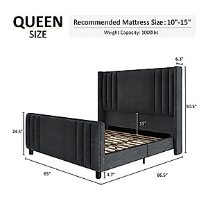 AMERLIFE Queen Size Bed Frame, Velvet Upholstered Platform with Vertical Channel Tufted Headboard & Footboard/Wingback, Mattress Foundation Wood Slats, No Box Spring Needed, Grey (BF-004)