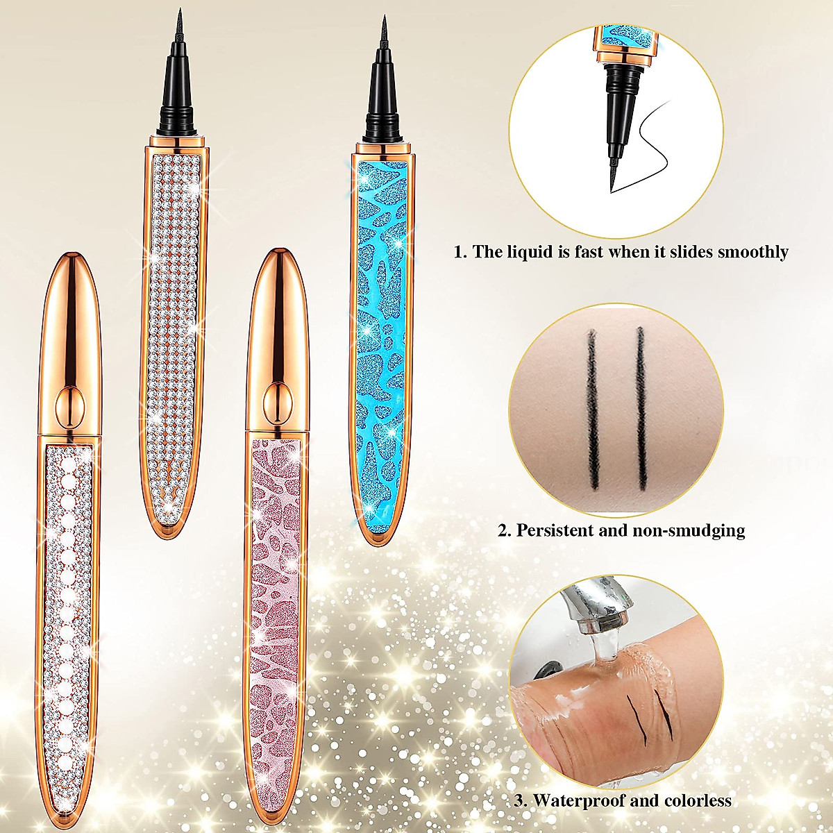 4 Pieces Diamond Self-Adhesive Eyeliner Diamond Eyeliner Liquid Eyeliner 2 in 1 Eye Liner Pen Glitter Eyeliner No Glue, No Magnetic, Waterproof for Women Girls Eye Makeup, False Eyelashes
