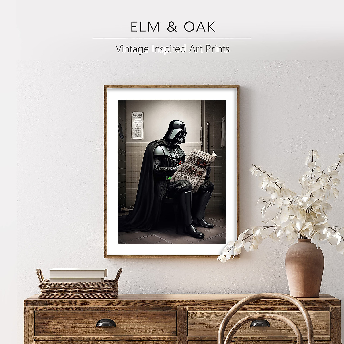 Star Wars Bathroom Décor Art Print - Premium Giclee Fine Art Print - Aesthetic Modern Vintage Painting Style Darth Vader Stormtrooper Yoda Print Poster for Bathroom Wall Decor, Ready to Frame