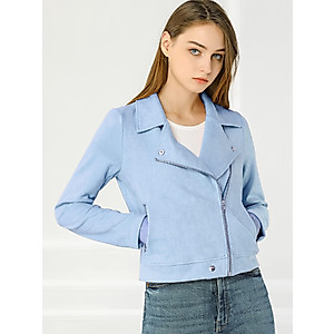 Allegra K Women Short Soft Zip Up Faux Suede Biker Moto Jacket Small Light Blue