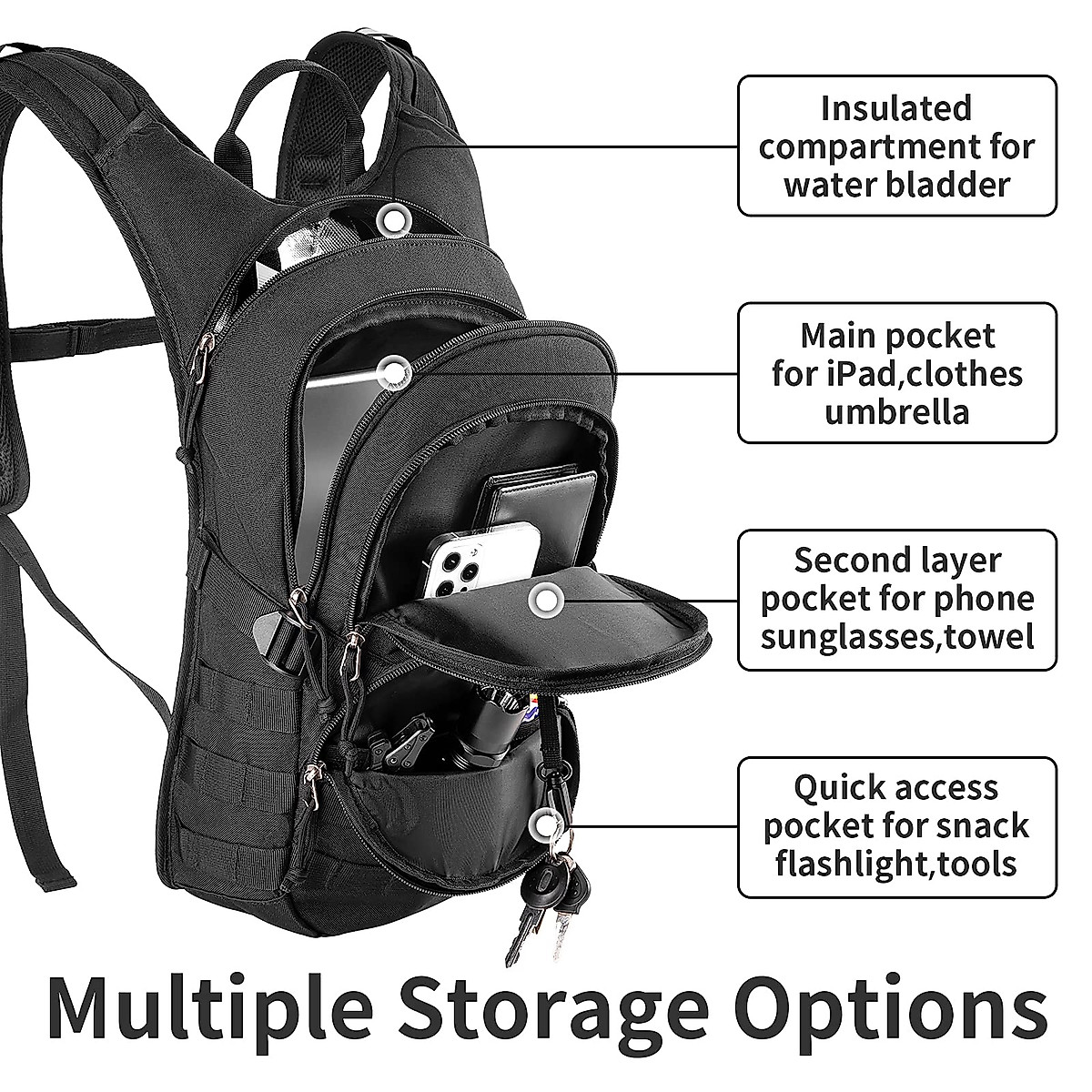 MIRACOL Tactical Hydration Backpack with 2L Water Bladder, 900D Military Molle Water Backpack Fit Men Women