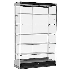 Displays2go 4’ Frameless Glass Showcases with LED Lighting, Adjustable Shelves, Locking, MDF – Black (GTAP48LEDB)