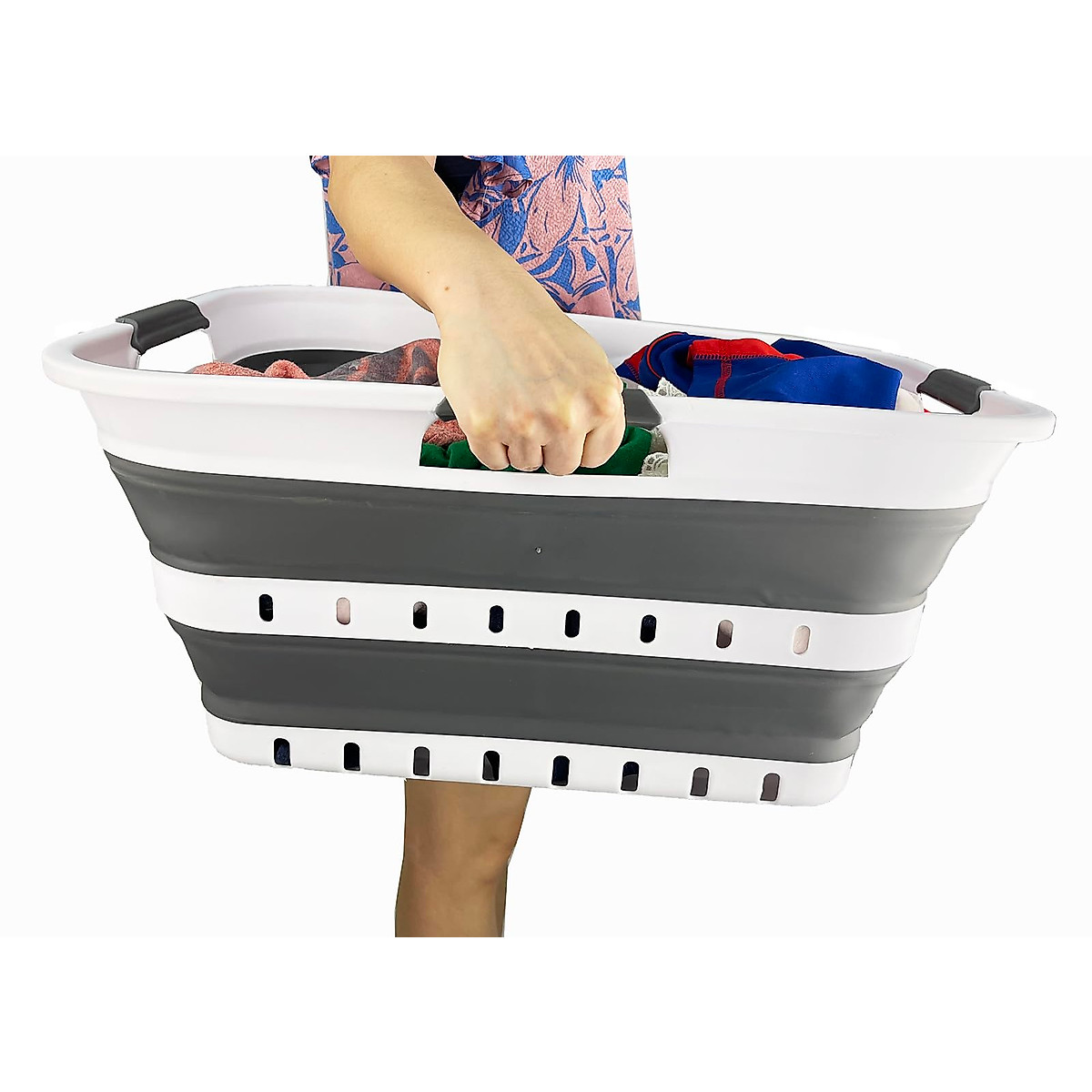 SAMMART Collapsible Plastic Rectangular Laundry Basket - Foldable Pop Up Storage Container/Organizer - Portable Laundry Hamper - Space Saving (White/Steel Grey, 42L)