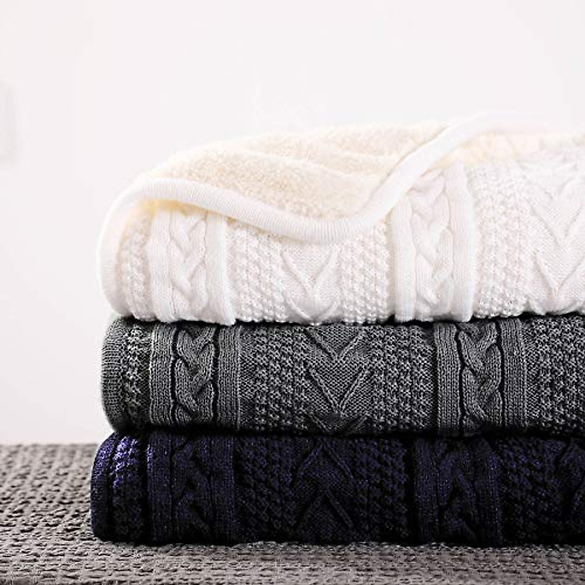 Longhui bedding Acrylic Cable Knit Sherpa Throw Blanket – Thick, Soft, Big, Cozy Ivory White Knitted Fleece Blankets for Couch, Sofa, Bed – Large 50 x 63 Inches Ivory White Coverlet All Season