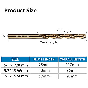 5/16 Inch Cobalt Drill Bits 5Pcs - HPHOPE M35 HSS Metal Twist Drill Bits Set, Jobber Drill Bits Length and Straight Shank, Suitable for Drilling in Hard Metal, Stainless Steel, Cast Iron