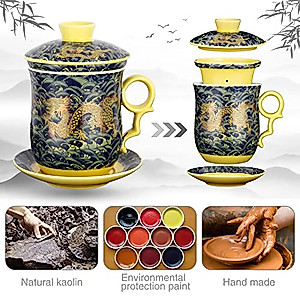 YURROAD Chinese Dragon Pattern Tea-Mug with Strainer Infuser and Lid and Saucer Ceramic Tea Mug Convenient System Chinese Porcelain Personal Tea Cup 13.5oz(400ml) - DARK GREEN TC400