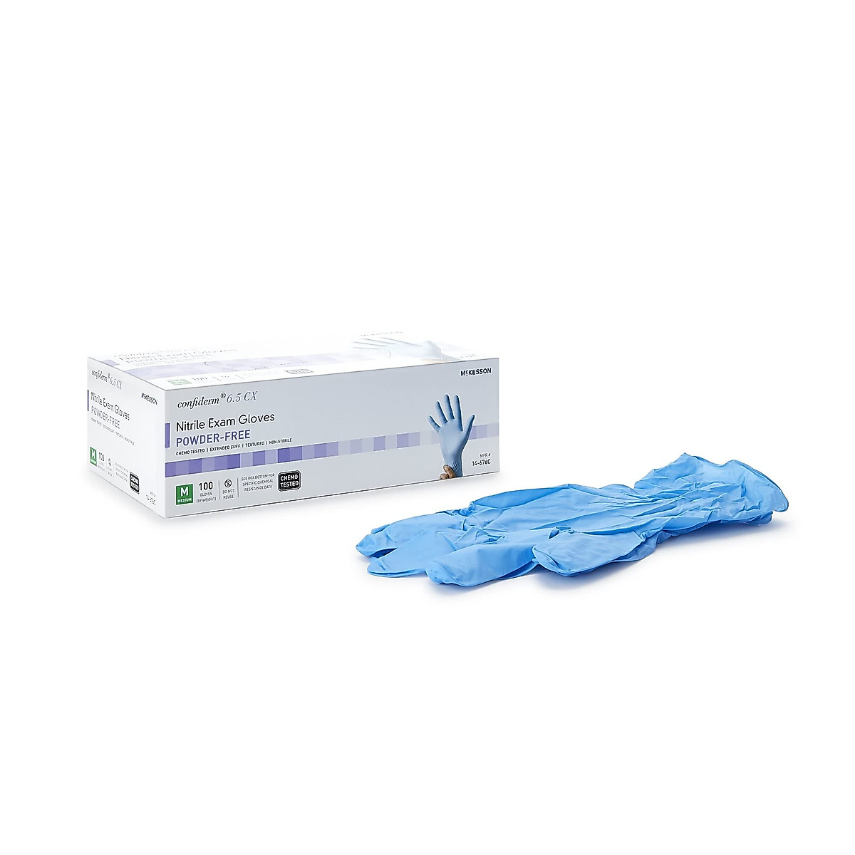 McKesson Confiderm 6.5CX Nitrile Exam Gloves - Powder-Free, Latex-Free, Ambidextrous, Texture, Chemo Tested, Light Blue, Extended Cuff, Size Medium, 100 Count, 10 Boxes, 1000 Total