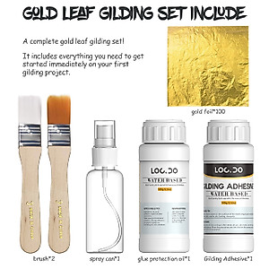 Gold Leaf Kit, Gilding Adhesive 200ml Set, Water Based Adhesive and Protective Varnish Whit Gold Leaf Sheet 100 pc, for Craft Supplies, Painting, Resin Arts Furniture and Decoration