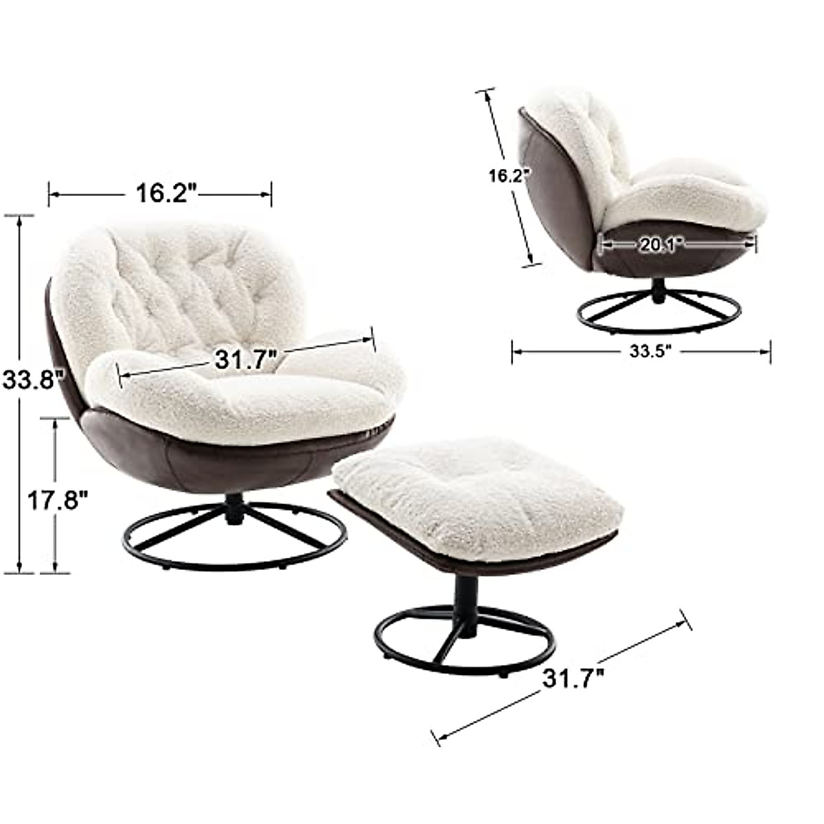 ZHENGHAO Swivel Accent Chair with Ottoman, Mid Century Modern Faux Fur Lounge Chair with footrest, Comfy Fluffy Armchair with 360 Degree Metal Base for Reading/Living Room/Bedroom, White
