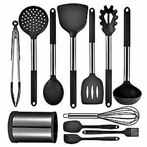 Keidason Kitchen Cooking Utensils Set, 12-piece Non-stick Silicone Kitchen Utensils Set Heat-resistant Stainless Steel Handle,BPA-Free, Kitchen Tool Set (Black)