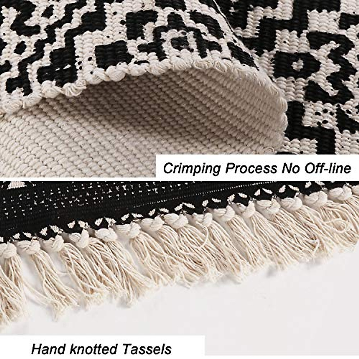 Seavish Cotton Printed Rug 2'W x 3'L Decorative Black and Cream Diamond Symmetry Kilim Small Area Rug Hand Woven Rug for Entryway Thin Throw Rugs for Laundry Room Living Room Dorm