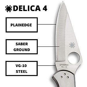 Spyderco Delica 4 Signature Knife with 2.95" Saber-Ground VG-10 Steel Blade and Durable Stainless Steel Handle - PlainEdge - C11P