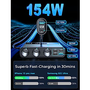 Car Charger Cigarette Lighter Splitter: Joyroom 154W 3 Socket Cigarette Lighter Adapter with PD/Dual QC 3.0 Ports, Separate Switch LED Voltage Display Car Charger Adapter for All Phones & Car Devices