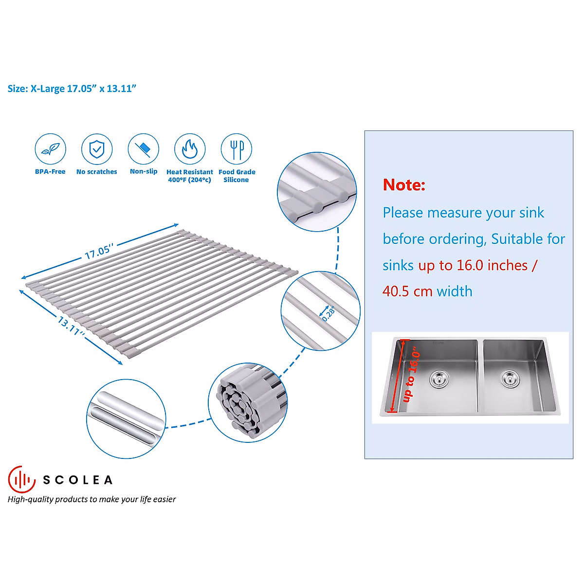 SCOLEA Roll Up Dish Drying Rack Over The Sink, Medium 17.1”x13.1” Heavy Duty, Multipurpose Roll-Up Foldable Silicone Coated Collapsible Drainer for Kitchen Sink (Warm Gray, Medium 17.1”x13.1”)