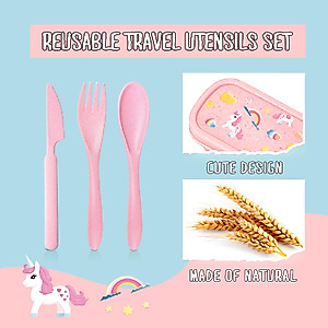 Teivio Plastic Wheat Straw Portable Travel Utensils Set for Kids, Reusable Flatware-Forks Spoons Knives Chopsticks for School Camping with Cute Unicorn Pattern Storage Case (Pink)