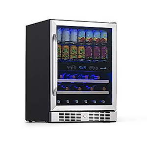 NewAir 24" Wine and Beverage Refrigerator Cooler, 20 Bottle and 70 Can Capacity, Built-in or Freestanding Dual Zone Fridge in Stainless Steel with Splitshelf