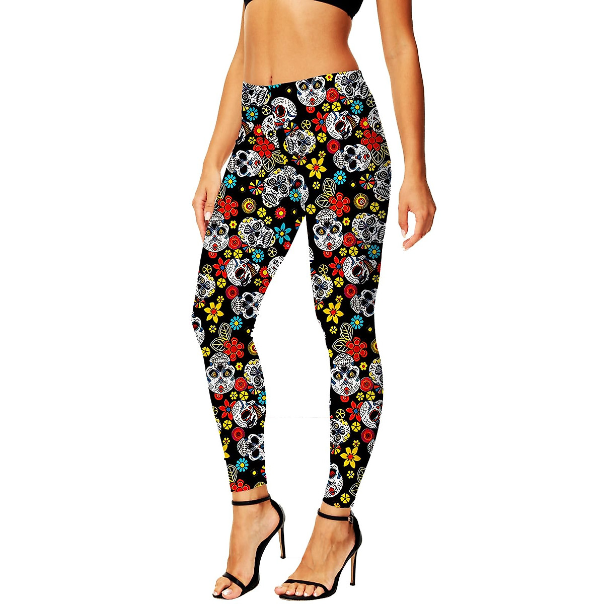 AOBUTE Women's Halloween Leggings Scary Skull Printed High Waist Yoga Pants Day of The Dead Tights L