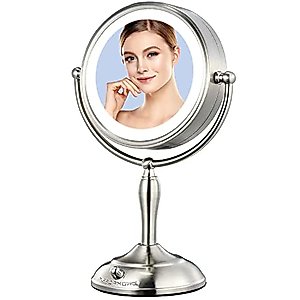 MIRRORMORE 8.5" Large Vanity Mirror with 40 Eye-Care Dimmable LED Lights, 1X/10X Magnifying Lighted Makeup Mirror with 3 Colors, Senior Pearl Nickel 360° Rotation Desk Mirror, 2 Power Saving Supply