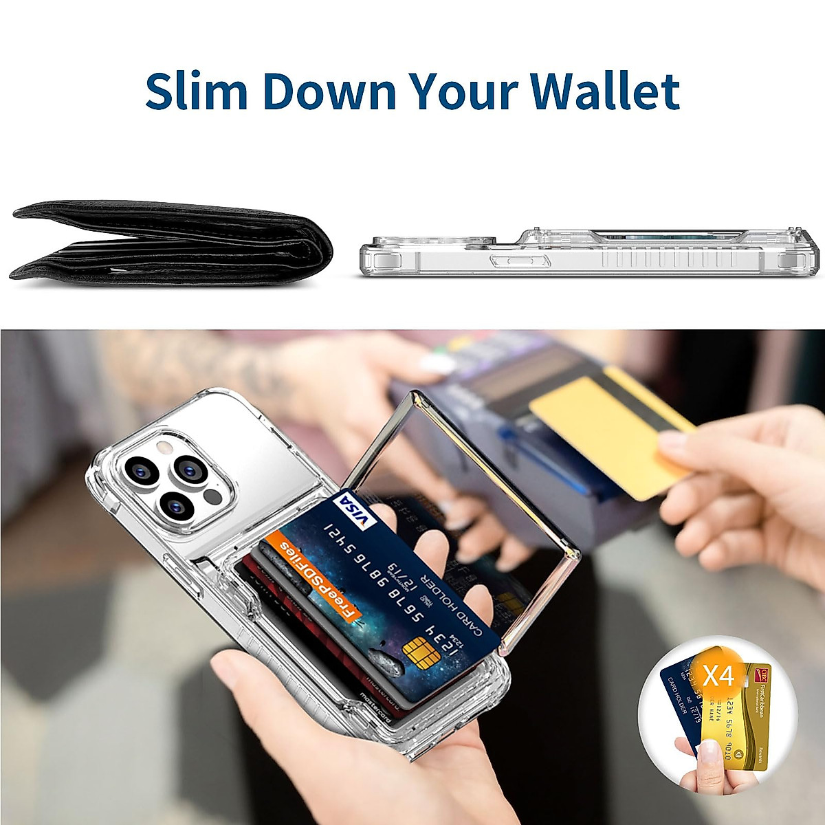 TITACUTE for iPhone 15 Pro Max 6.7 Case Wallet 4 Credit Card Holder Slot Flip Cover Design Clear Case for iPhone 15 Pro Max Back Pocket Hard Shell Armor Hybrid Protective Bumper for iPhone 15 Pro Max