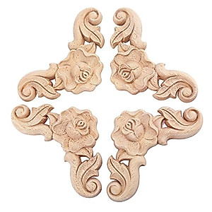 MUXSAM Wooden Carved Rose Appliques Onlays, 4-Pack Unpainted Rose Carvings Decals for Cabinet Drawer Wall Headboard Dresser Mirror Pew Cupboard etc Furniture Decoration(8x8cm/3.15"x3.15")