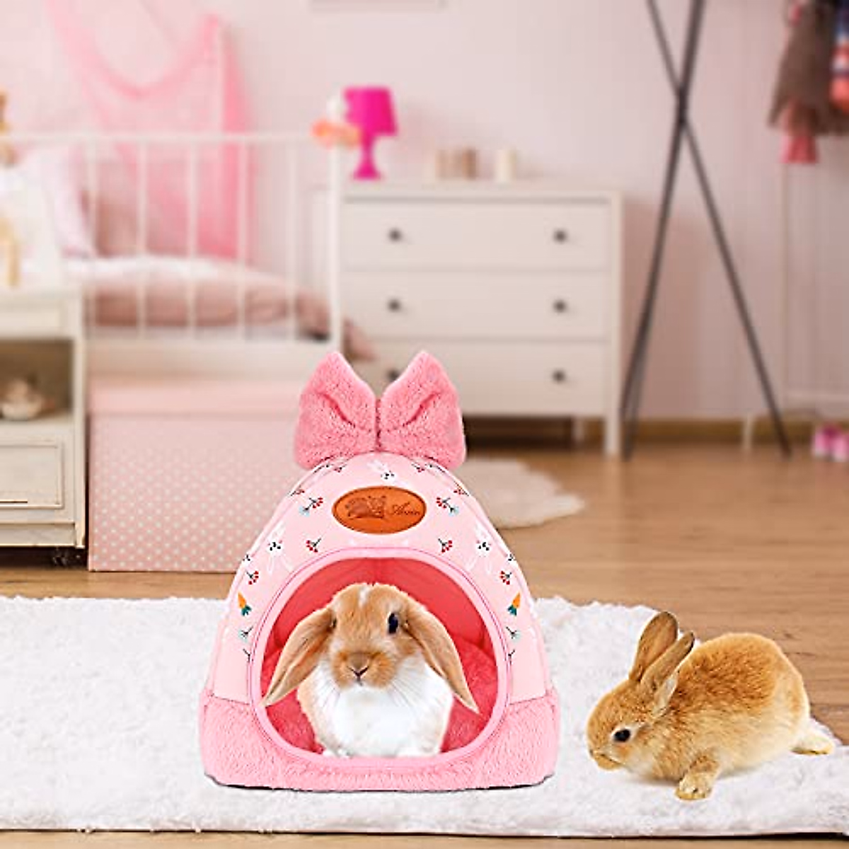 YUEPET Rabbit Bed Warm Guinea Pig Cave Beds Cute Bowknot Rabbit House and Hideouts Cage Accessorie for Bunny Guinea Pigs Chinchilla and Other Small Animals
