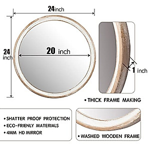 Reflinto Rustic Round Mirror 24", Hanging Wall Decorative Mirror Distressed Natural Wooden Farmhouse Frame with White Wash Edge for Bedroom, Bathroom, Living Room or Entryway