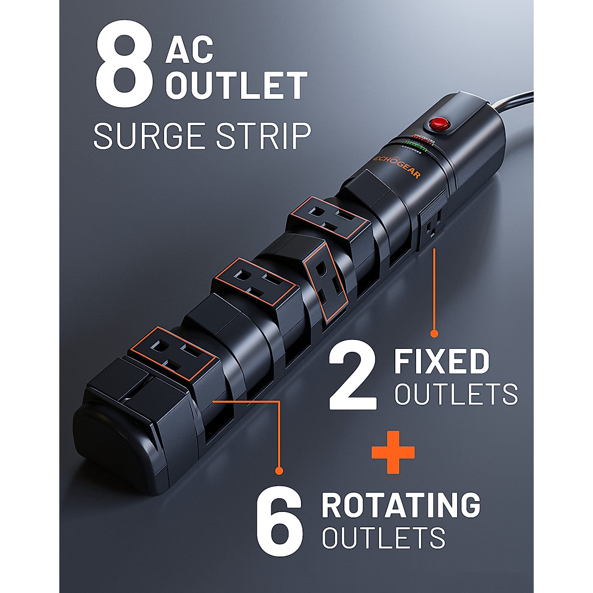 ECHOGEAR VoltSpin Surge Protector Power Strip with Rotating Outlets, Flat Plug, Long Cord, & Mounting Holes - Power Strip with Heavy Duty Surge Supression Plus Built-in Cable Management