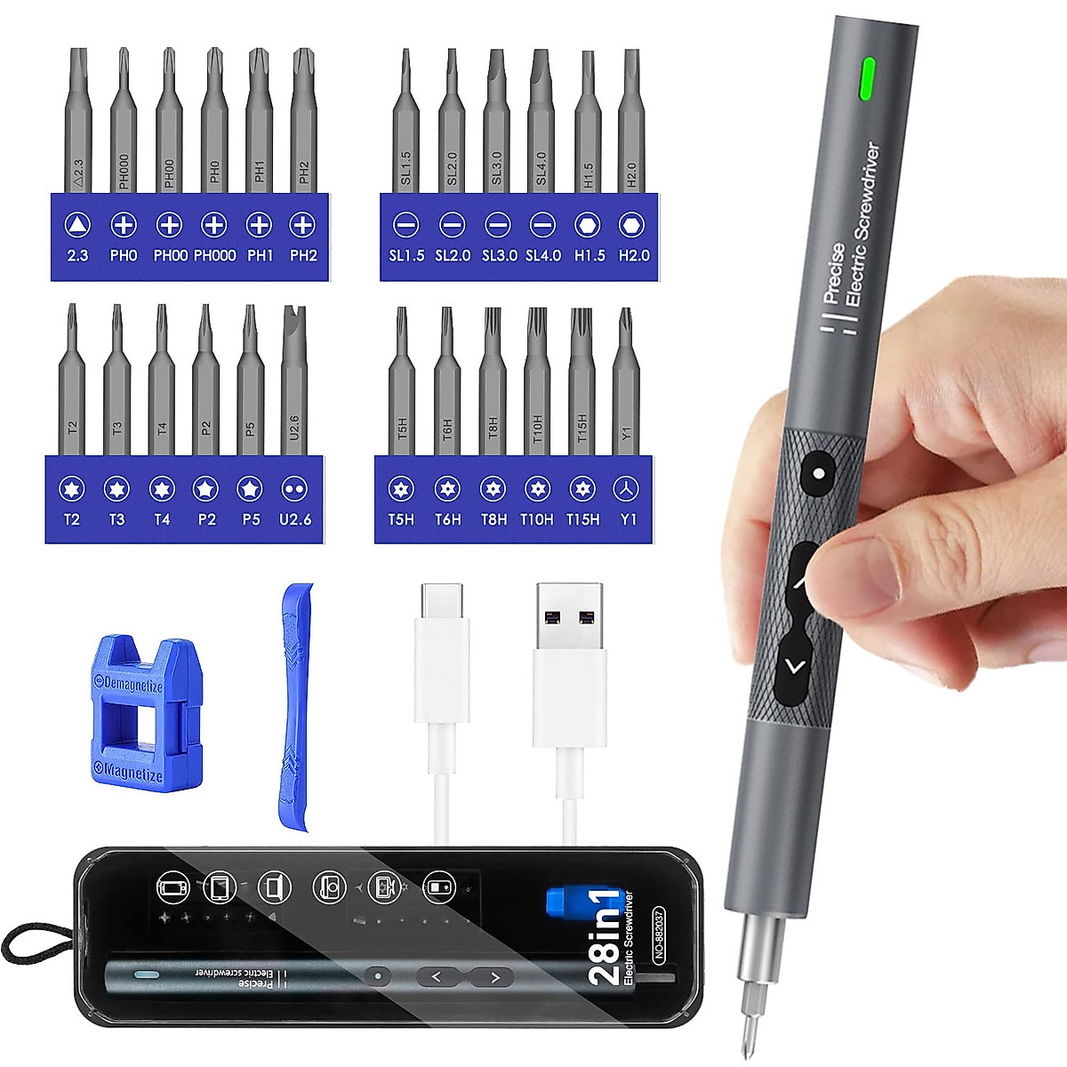 WOTOW Electric Screwdriver, (Newest) 28 in 1 Mini Power Precision Cordless Screwdriver Set with 24 Bits 3 LED Lights Rechargeable Repair Tool Kit with Magnetizer for PC Glasses Laptop Phone Watch Toys