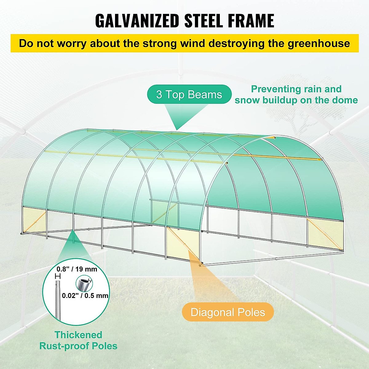 VEVOR Walk-in Tunnel Greenhouse, 20 x 10 x 7 ft Portable Plant Hot House w/Zippered Door, 12 Roll-up Windows, Galvanized Steel Hoops, 3 Top Beam, and 4 Diagonal Poles, Green