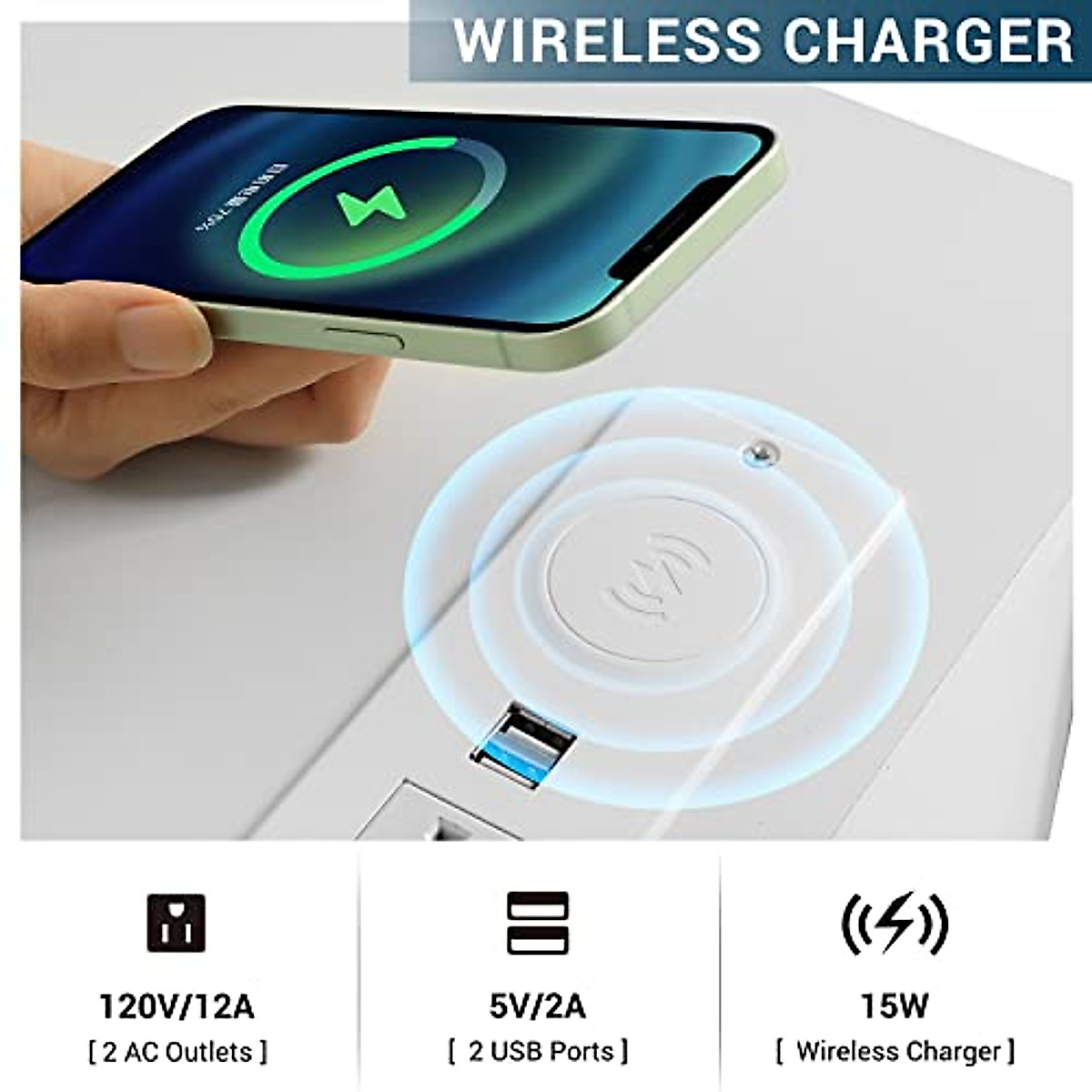 ADORNEVE LED Nightstand with Wireless Charging Stations,Night Stand for Bedroom,Bedside Table with Drawers,Modern End Side Table,White