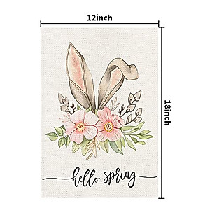 Hello Spring Bunny Floral Garden Flag 12×18 Inch Burlap Double Sided Outside, Seasonal Sign Yard Outdoor Decoration DF249