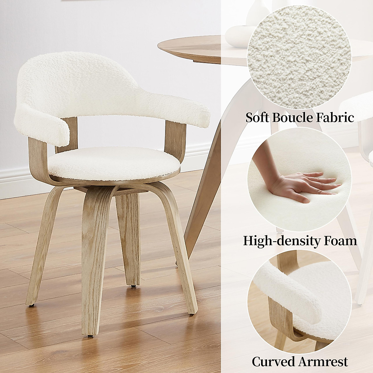 Art Leon Desk Chair No Wheels, Mid Century Modern Swivel Accent Chair, Boucle Fabric Upholstered Home Office Chair with Wood Legs for Living Room Bedroom, White