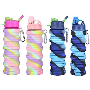 WATMHHJQ Silicone Collapsible Water Bottles, 16oz 500ml Portable Foldable Expandable Water Bottle Sports Cups with Carabiner, Leak Proof Reusable BPA Free, for Outdoor Activities Travel(2# Pink)