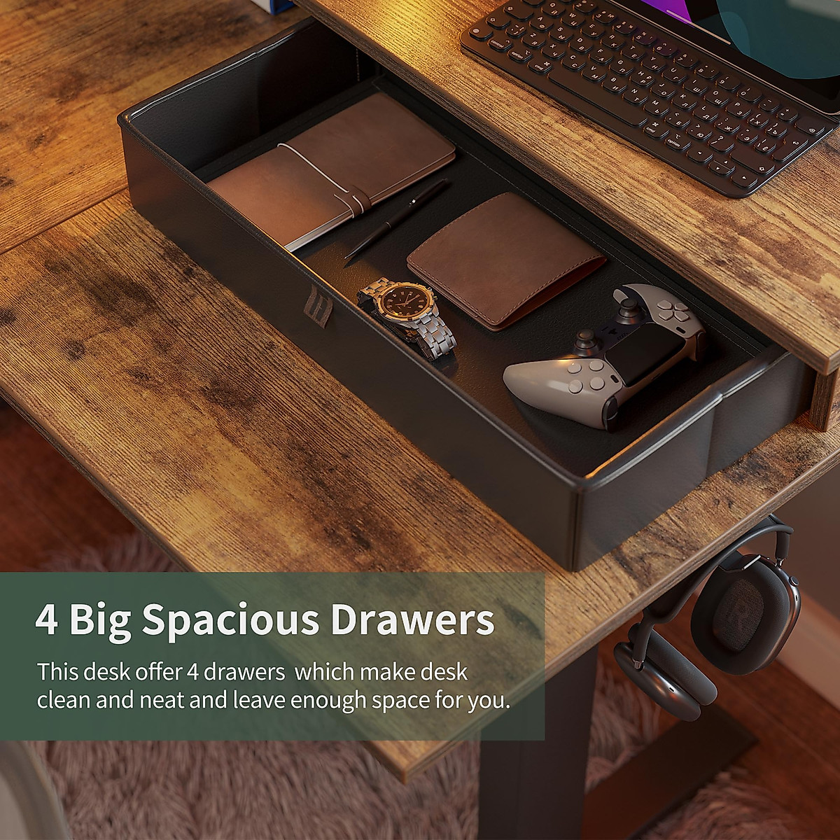 FEZIBO 63" L Shaped Standing Desk with 4 Drawers, Electric Standing Gaming Desk Adjustable Height, Corner Stand up Desk with Splice Board, Black Frame/Rustic Brown Top