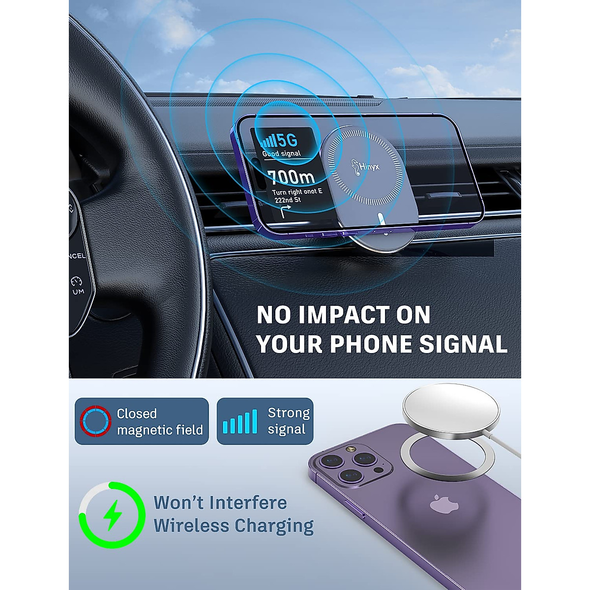 Hinyx MagSafe Car Mount-Strongest Magnet Power, Magnetic Phone Holder for Car Easily Install Air Vent Phone Mount for iPhone 15/14/13/12 Pro Max Mini Plus MagSafe Case & All Phones, with Metal Ring