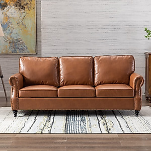 Dreamsir 79 Traditional Faux Leather Sofa Couch with Nailhead Trim, Classic 3-Seater Sofa with Rolled Arm for Living Room, Bedroom, Apartment, Easy Assembly (Brown) 5023