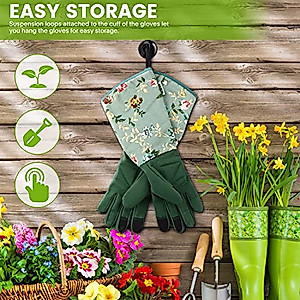 WANCHI Gardening Gloves, Durable and Comfortable Women's Long Garden Gloves for Gardening Work and Yard Work, Leather Gardening Gloves for Women, Green Print (Medium)