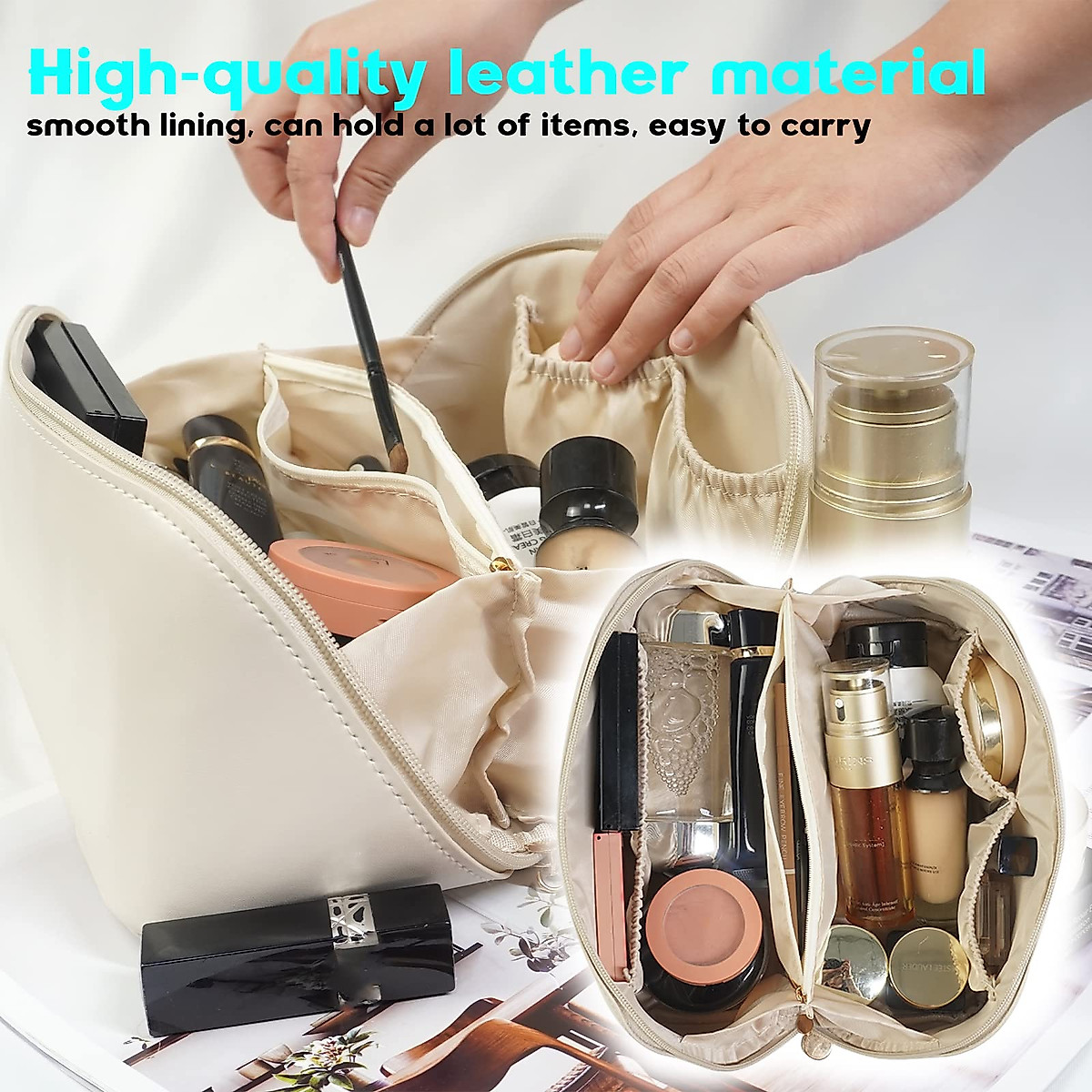 S-SNAIL-OO Upgrade Large-capacity Travel Cosmetic Bag, Women Pu Leather Waterproof Portable Cosmetic Bag with Handle, Storage Bag for Place Skin Care Products, Jewelry, Sundries. (Pink)