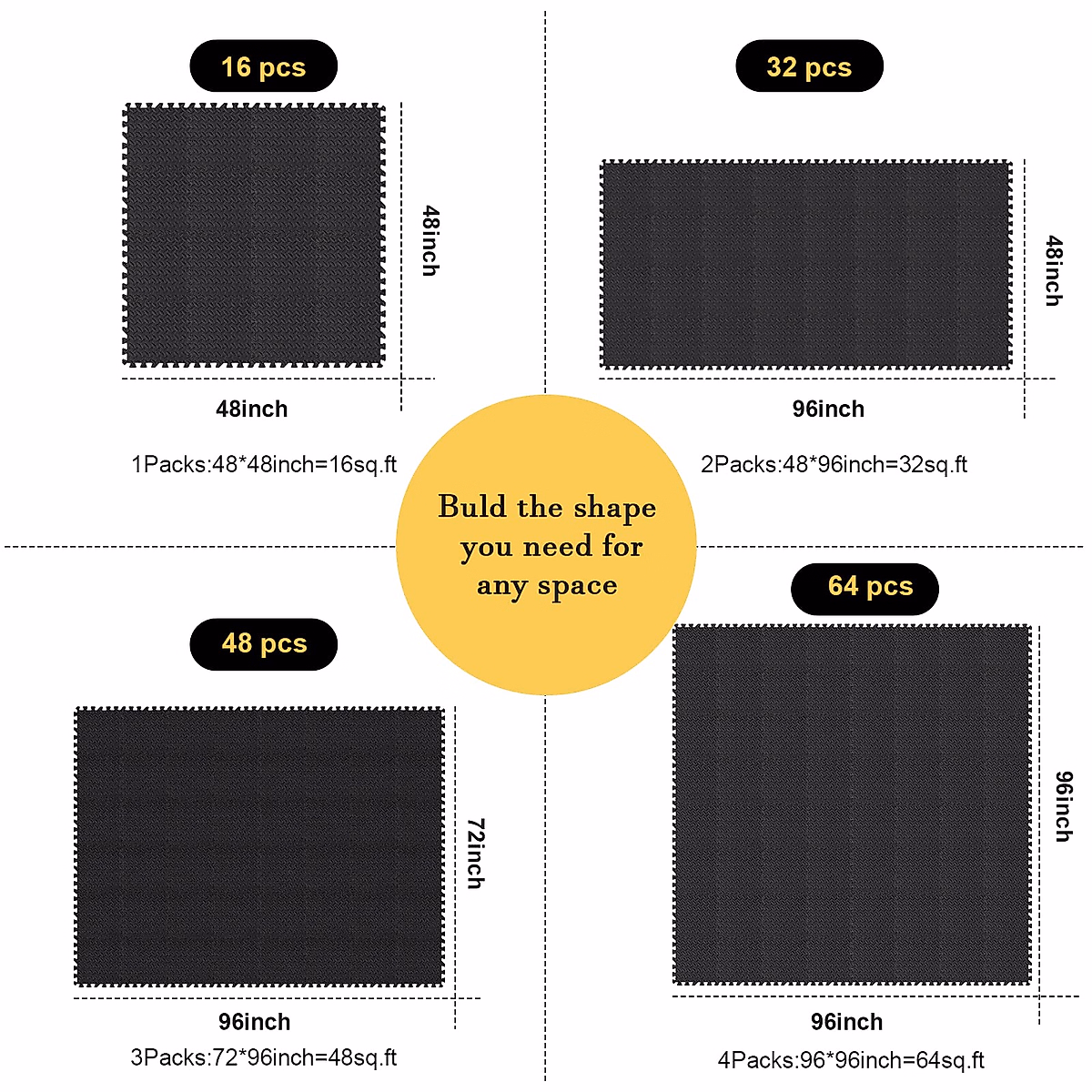 64 Pcs Baby Play Mat Interlocking Toddler Foam Mats Puzzle Playmat for Babies Square Foam Floor Mat for Gym, Nursery, Playroom (Black)