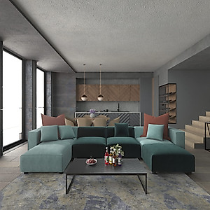 LLappuil Modern Modular Sectional Living Room Sofa Set, Low Back Minimalist Style Couch, Soft Fabric 6 Seater Oversized 138.4" U Shaped Sofa, Dark Green + Aqua Blue