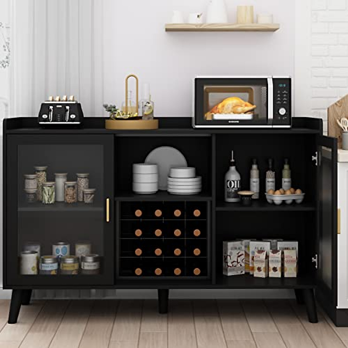 Auromie Wine Bar Cabinet with Led Light, Home Coffee Cabinet with Wine and Glass Rack, Kitchen Buffet Sideboard with Storage Shelves, Freestanding Liquor Cabinet for Living Room, Dining Room (Black)