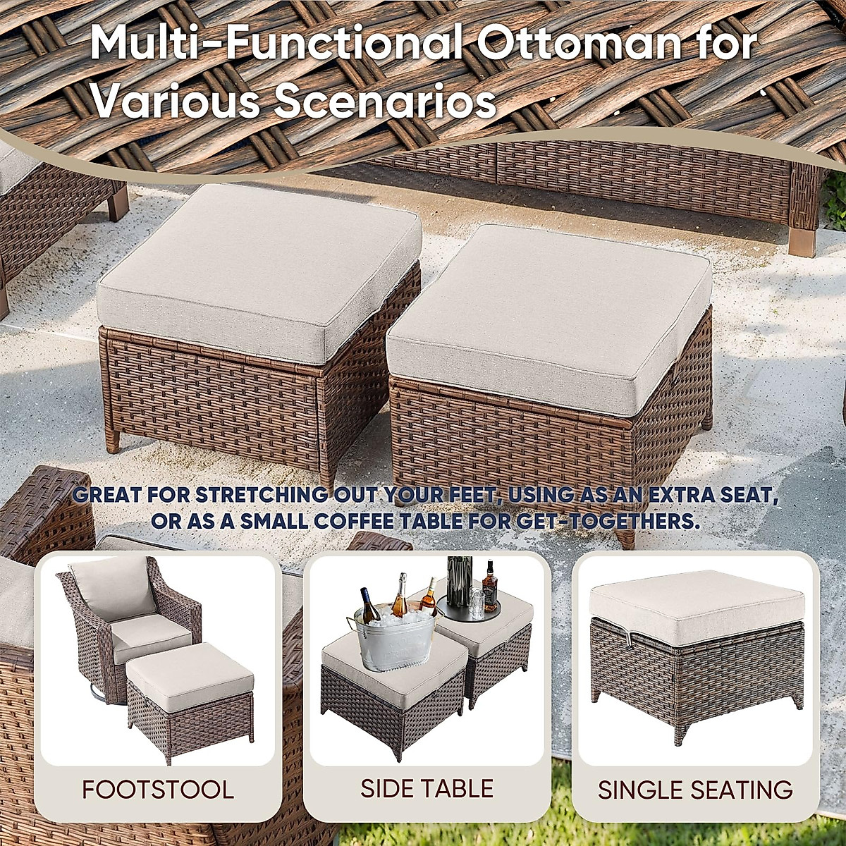 Outdoor Patio Ottoman Set of 2-Rattan Wicker Ottoman Foot Rest with Removable Cushions Cover Outdoor Footstool for Deck Balcony Poolside Backyard-Brown/Beige