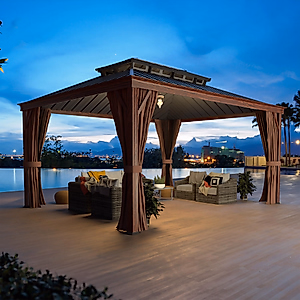 MUPATER 12' x 16' Gazebo, Wooden Finish Coated Aluminum Frame, with Double Galvanized Steel Hardtop Roof, Netting and Curtains for Garden, Patio, Lawn and Parties