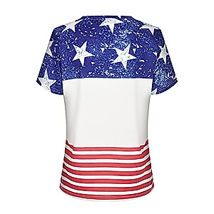 wodceeke Women's short-sleeved round neck T-shirt American flag stitching printed Tee casual loose Independence Day tops (Dark Blue,XL)