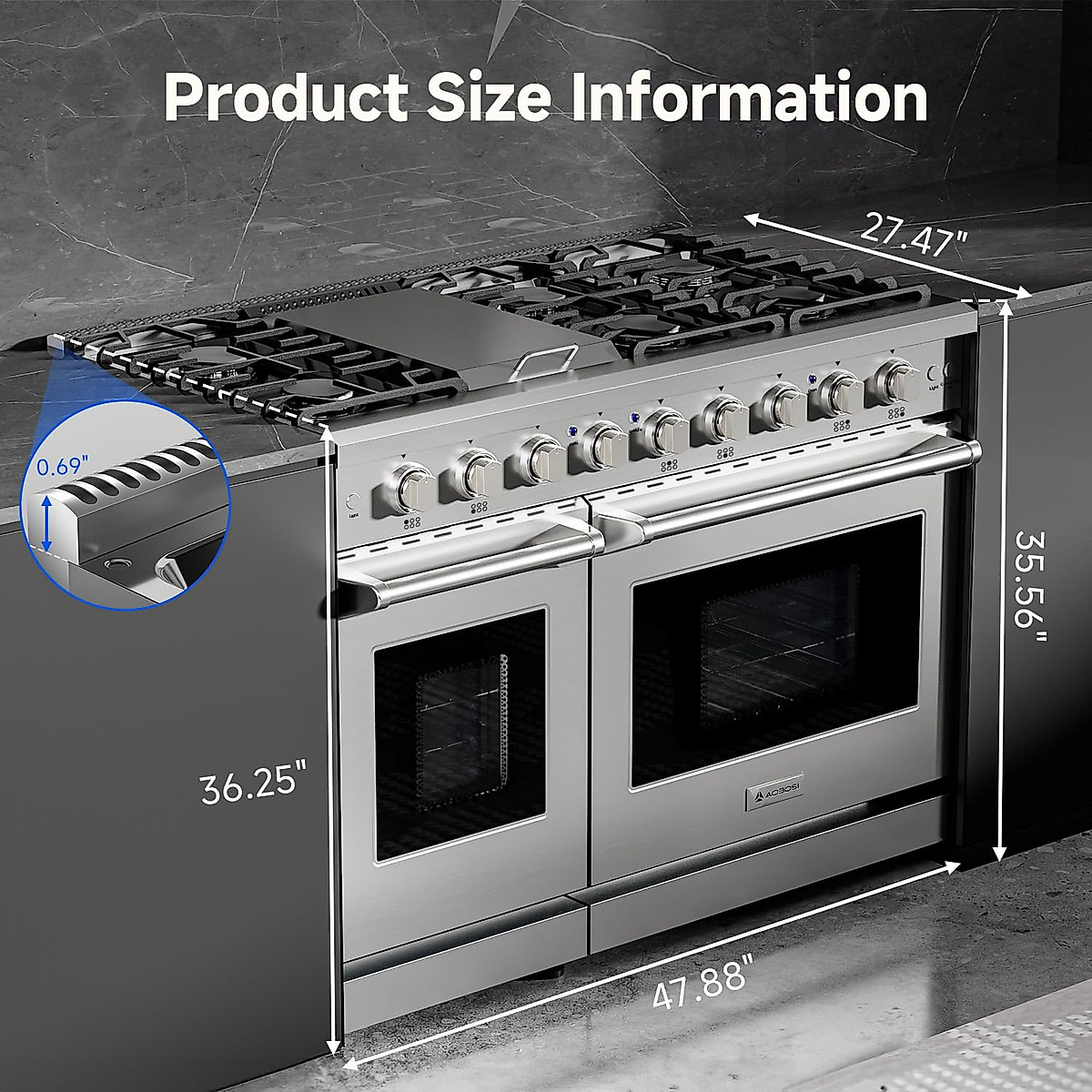 AAOBOSI 48 Inch Freestanding Gas Range Ovens with 7.0 cu.ft Large Capacity Double Convection Ovens, 6 Sealed Burners Plus Iron Grill Burner, Stainless Steel Gas Range Stove with NG/LPG Convertible