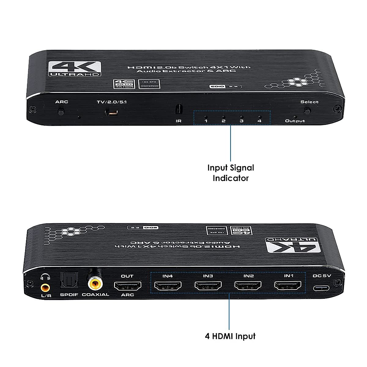 HDMI Switch 4x1 with Optical SPDIF/Coaxial/ 3.5mm L/R Audio Extractor, 4 in 1 Out 4K@60Hz HDMI Switcher Support HDMI 2.0b HDCP 2.2, ARC Function for Xbox, PS4,Blu-Ray Player (with Remote Control)