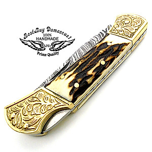 Best.Buy.Damascus1 Damascus pocket knife, Folding knife, Pocket Knife For Men, Knife Set with knife sharpeners Premium Quality gifts for men (antlers Scrimshaw)